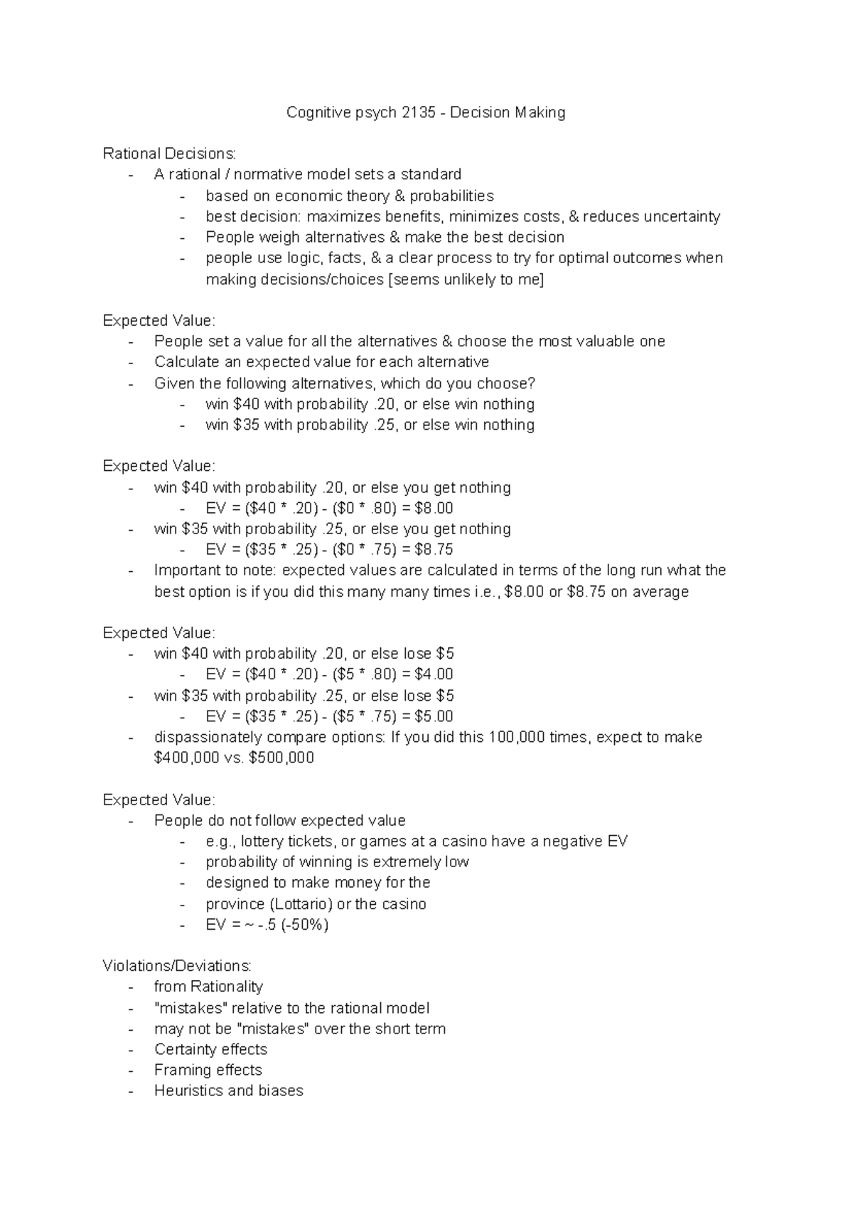 Cognitive Psych 2135 - Decision Making: Rational Choices & Biases - Studocu