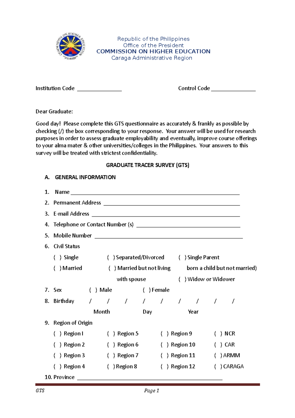 CHED Graduate Tracer Survey Questionnaire 1 - Studocu