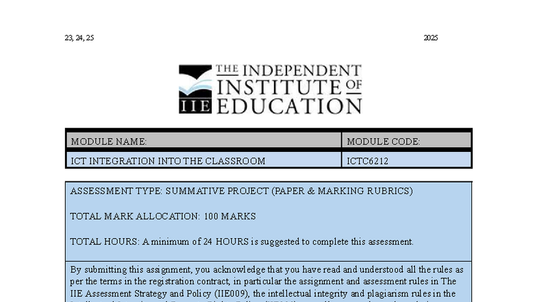 ICT Summative Assignment - MODULE NAME: MODULE CODE: ICT INTEGRATION ...