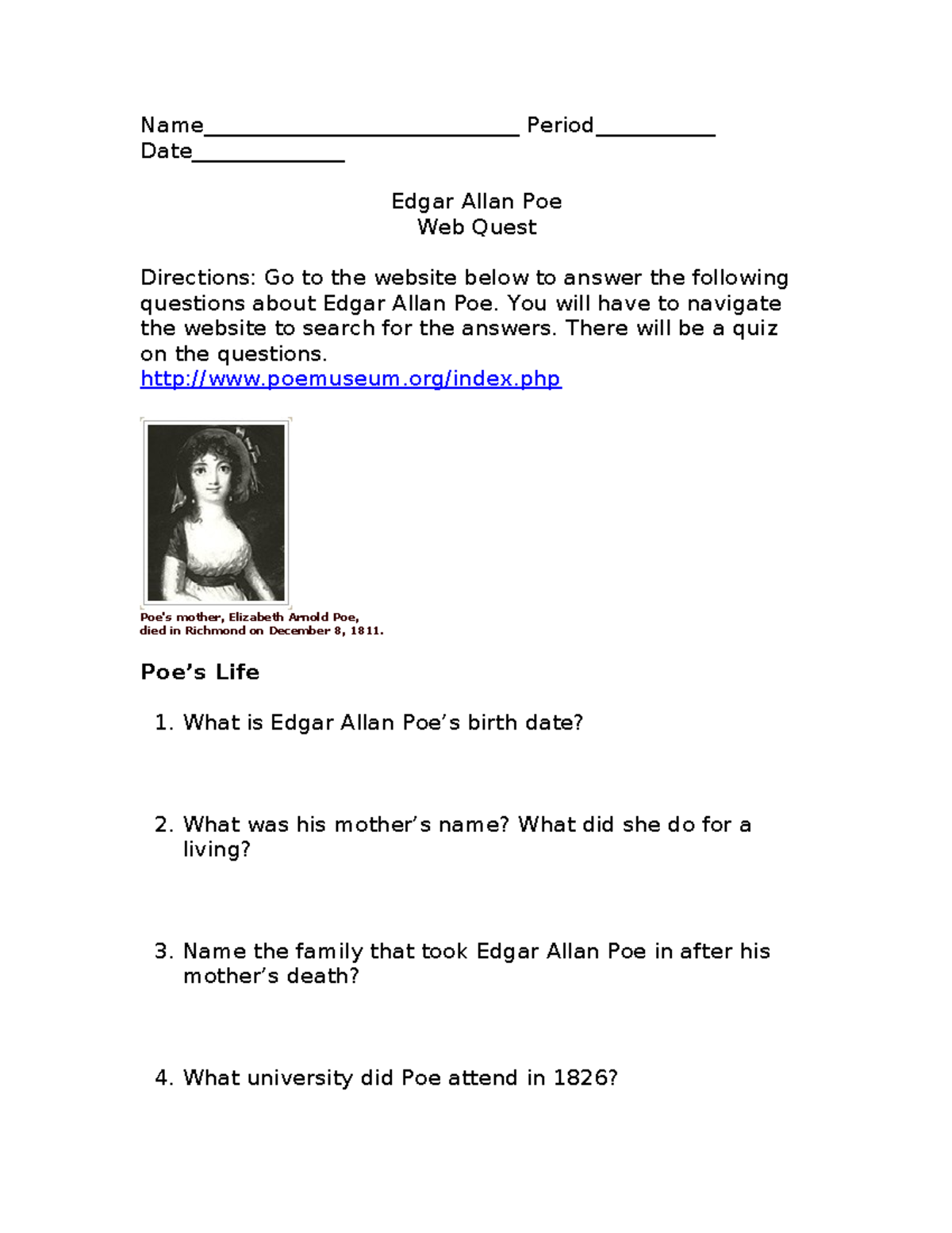 ENG 101: Edgar Allan Poe Web Quest Quiz Directions - Studocu