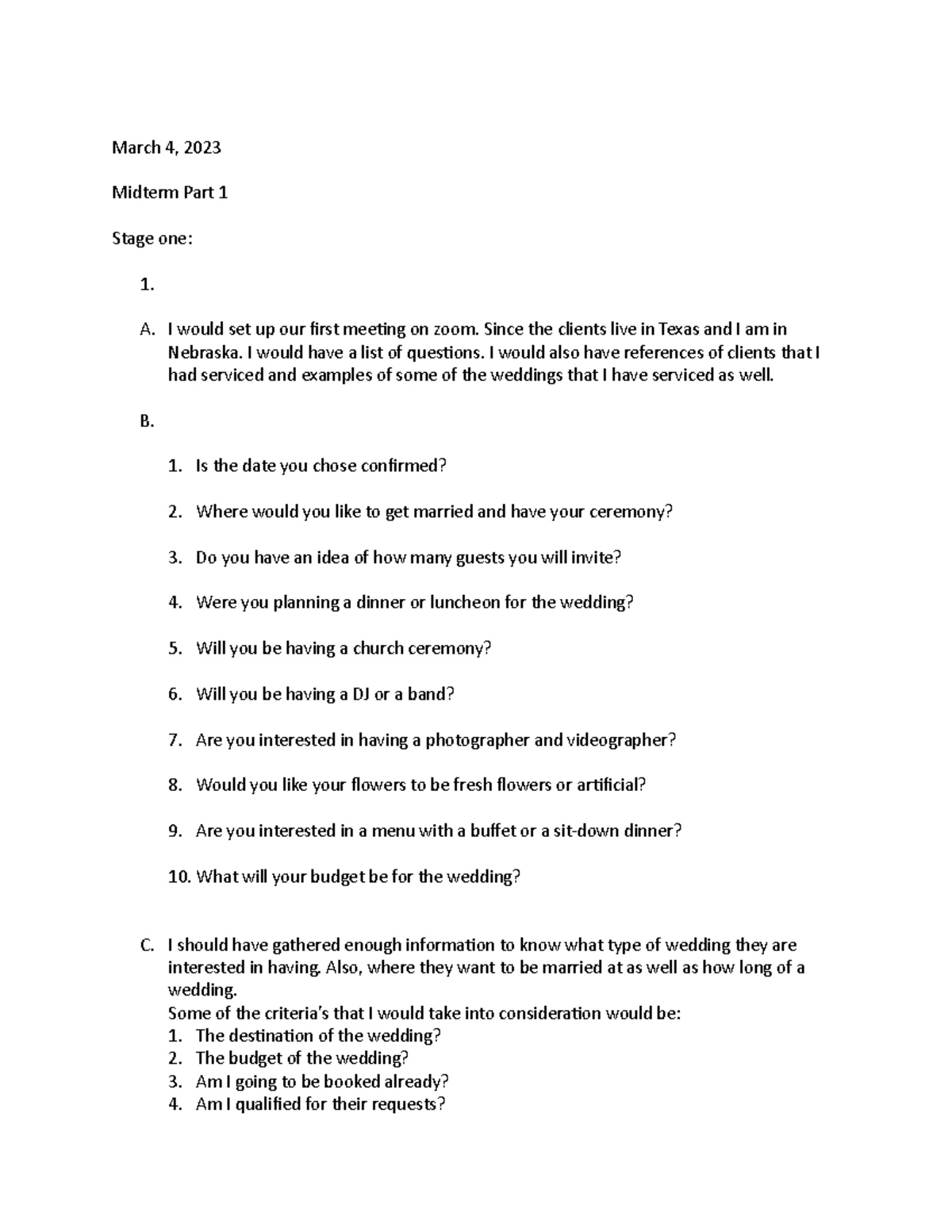 Wedding Planning Midterm - Stage 1 Preparation & Client Meeting - Studocu