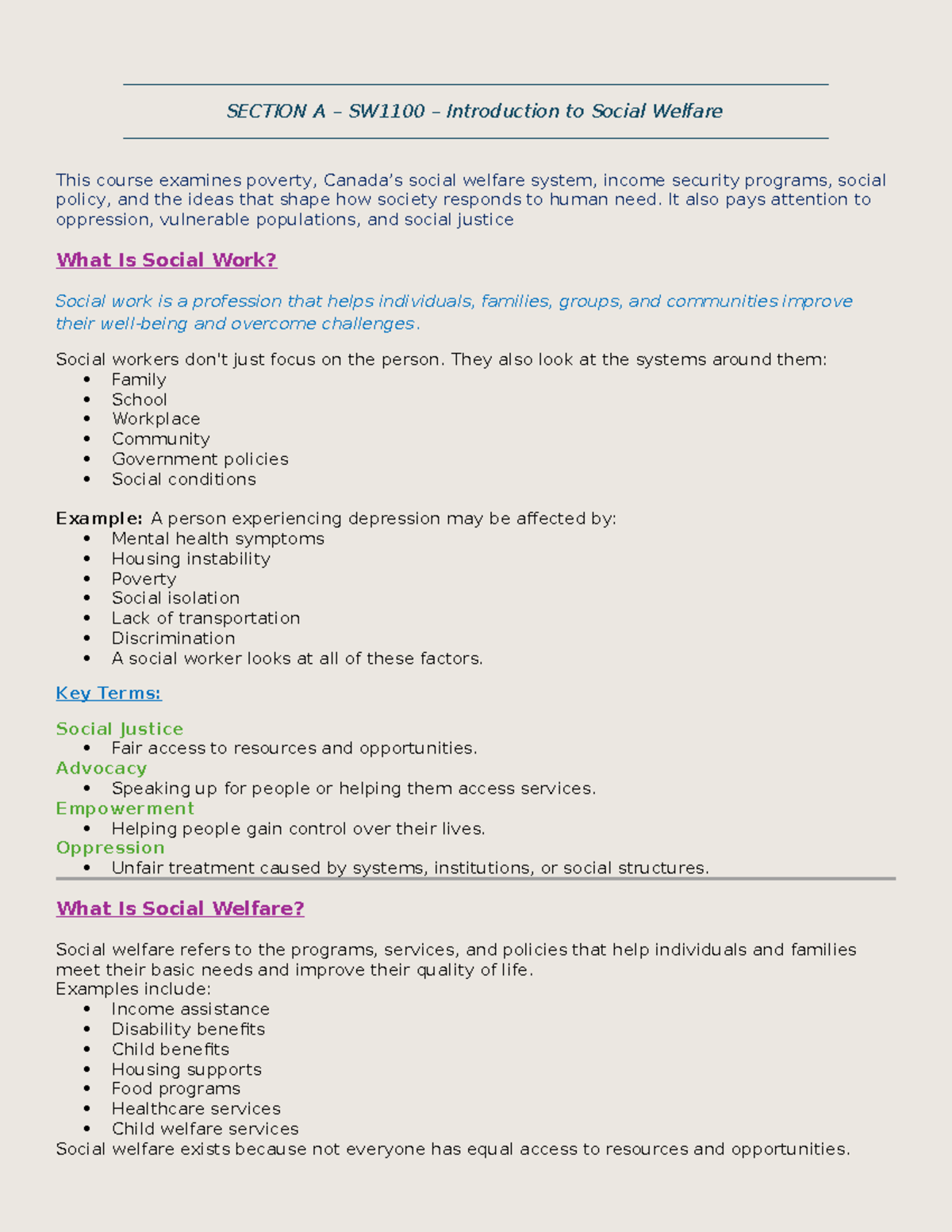 SW1100 & SW2011 Lecture Notes: Introduction to Social Welfare ...