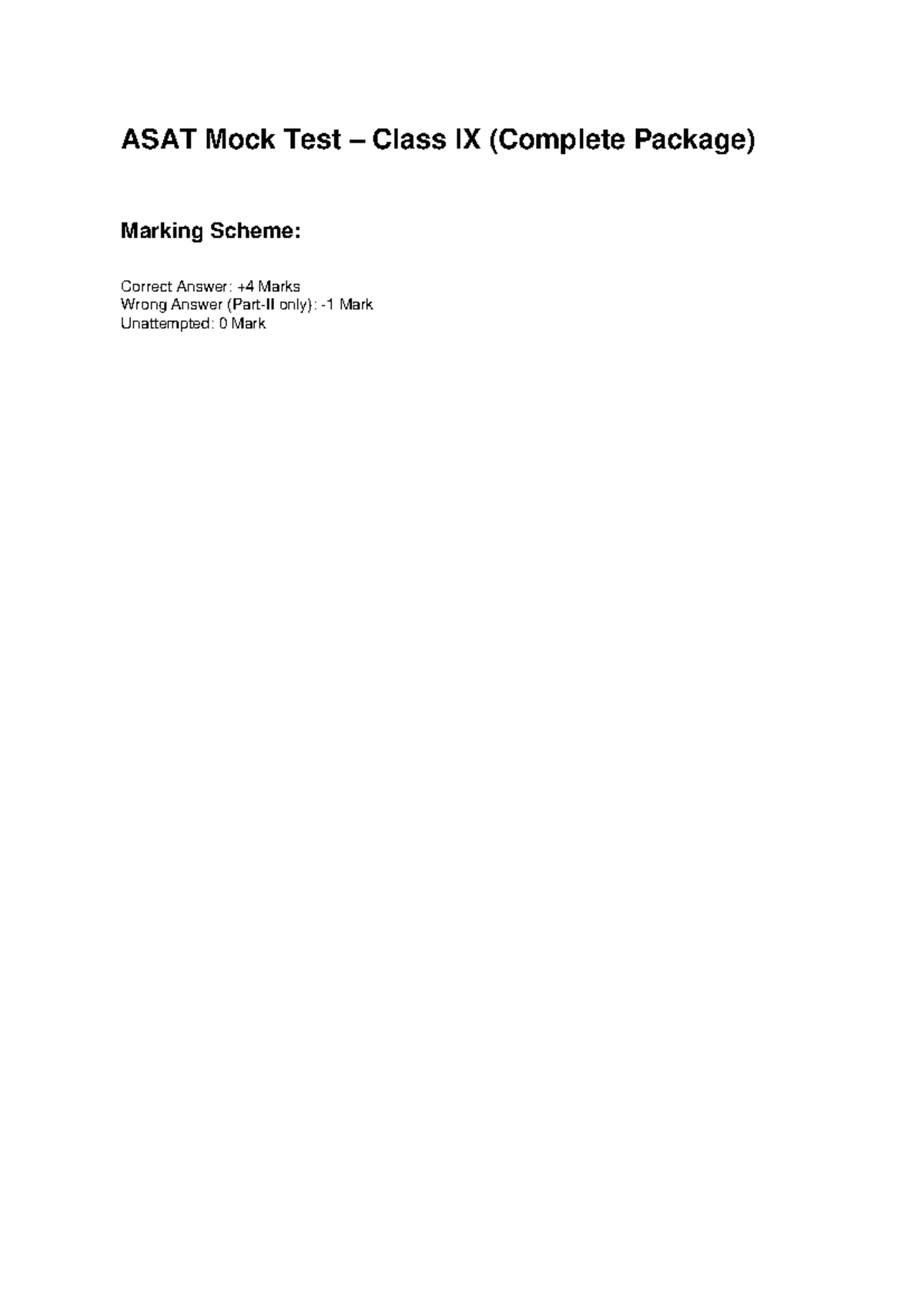 ASAT Class IX Mock Test Complete Package & Marking Scheme - Studocu