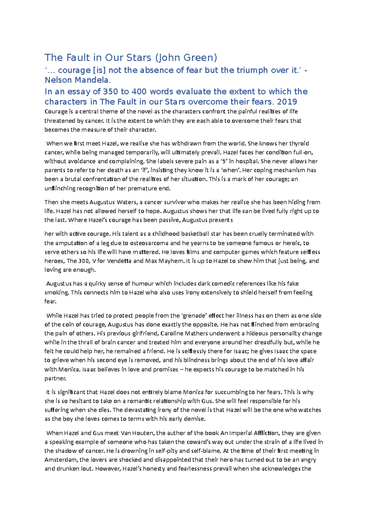 The Fault in Our Stars: Courage Overcoming Fear - Essay Analysis - Studocu