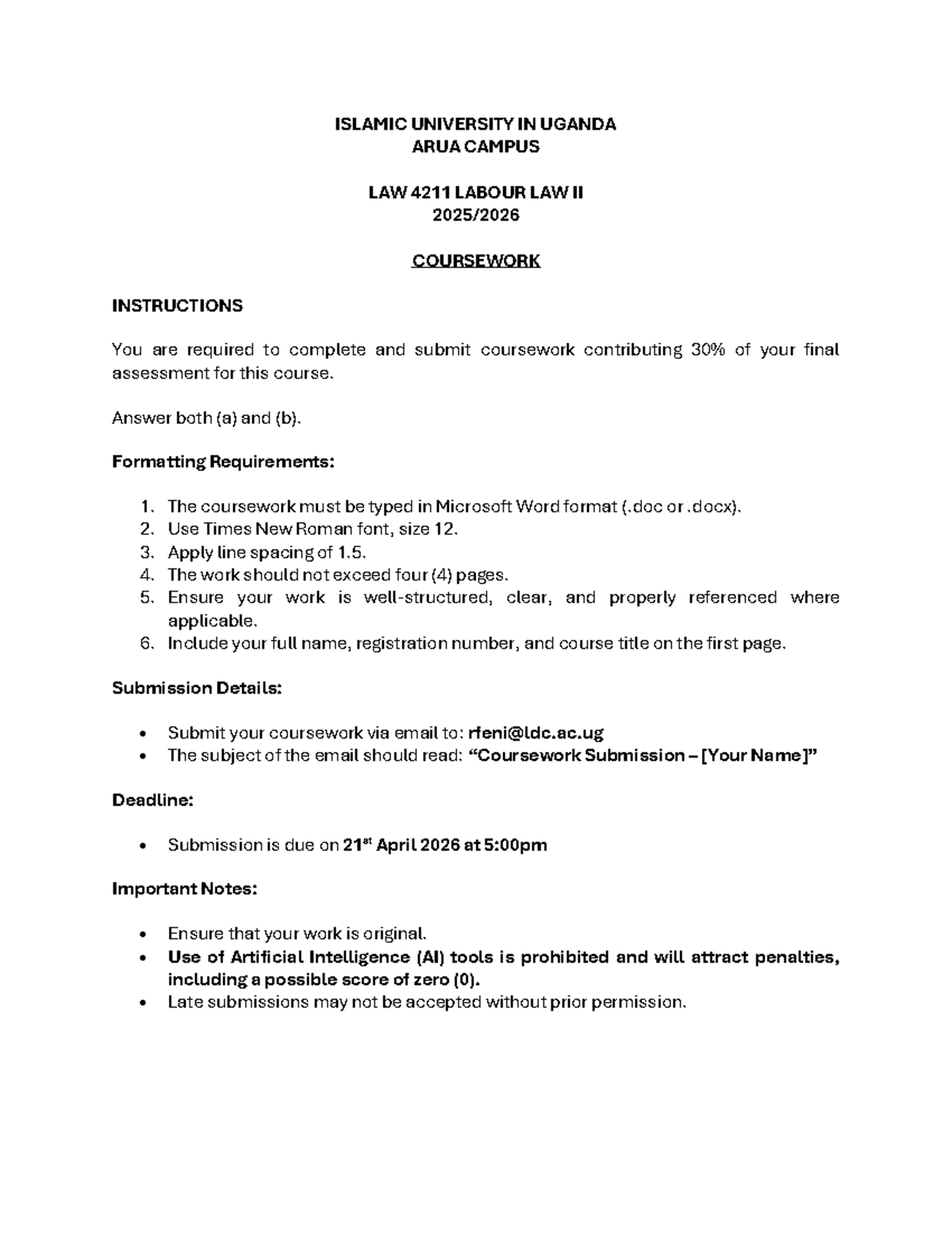 LAW 4211 Labour Law II 2025-2026 Coursework Instructions - Studocu
