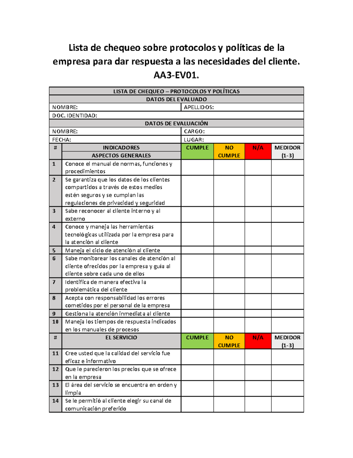 AA3-EV01. Checklista de Protocolos y Políticas de Atención al Cliente - Studocu