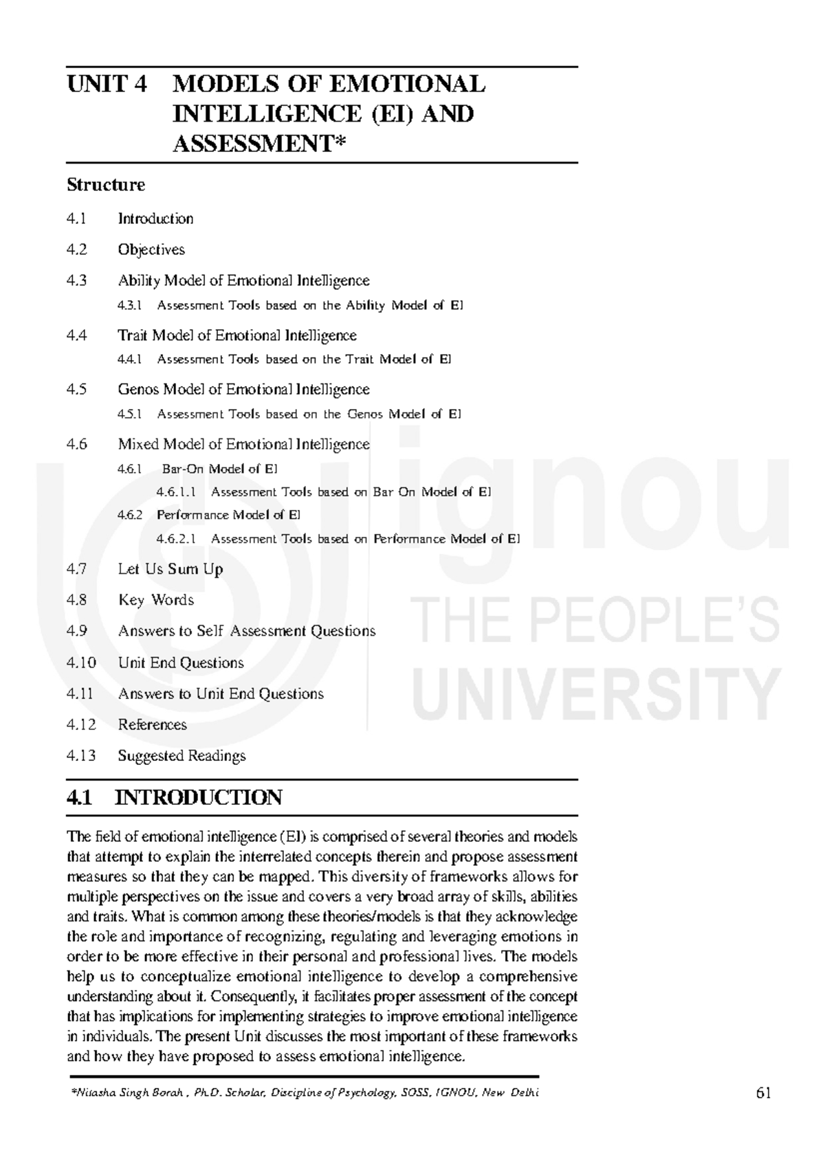 UNIT 4: MODELS OF EMOTIONAL INTELLIGENCE (EI) AND ASSESSMENT TOOLS ...