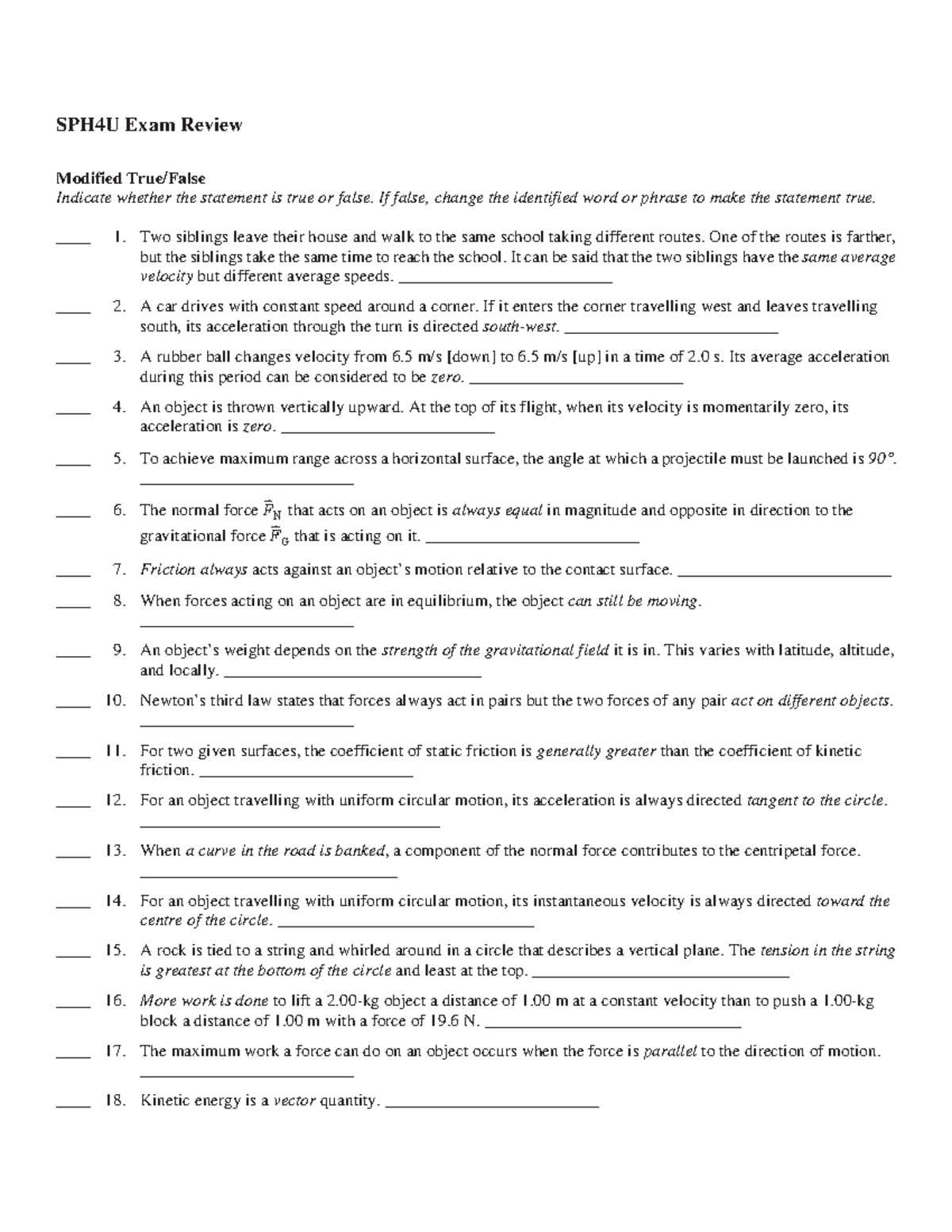 SPH4U Final Exam Review: True/False and Completion Questions - Studocu