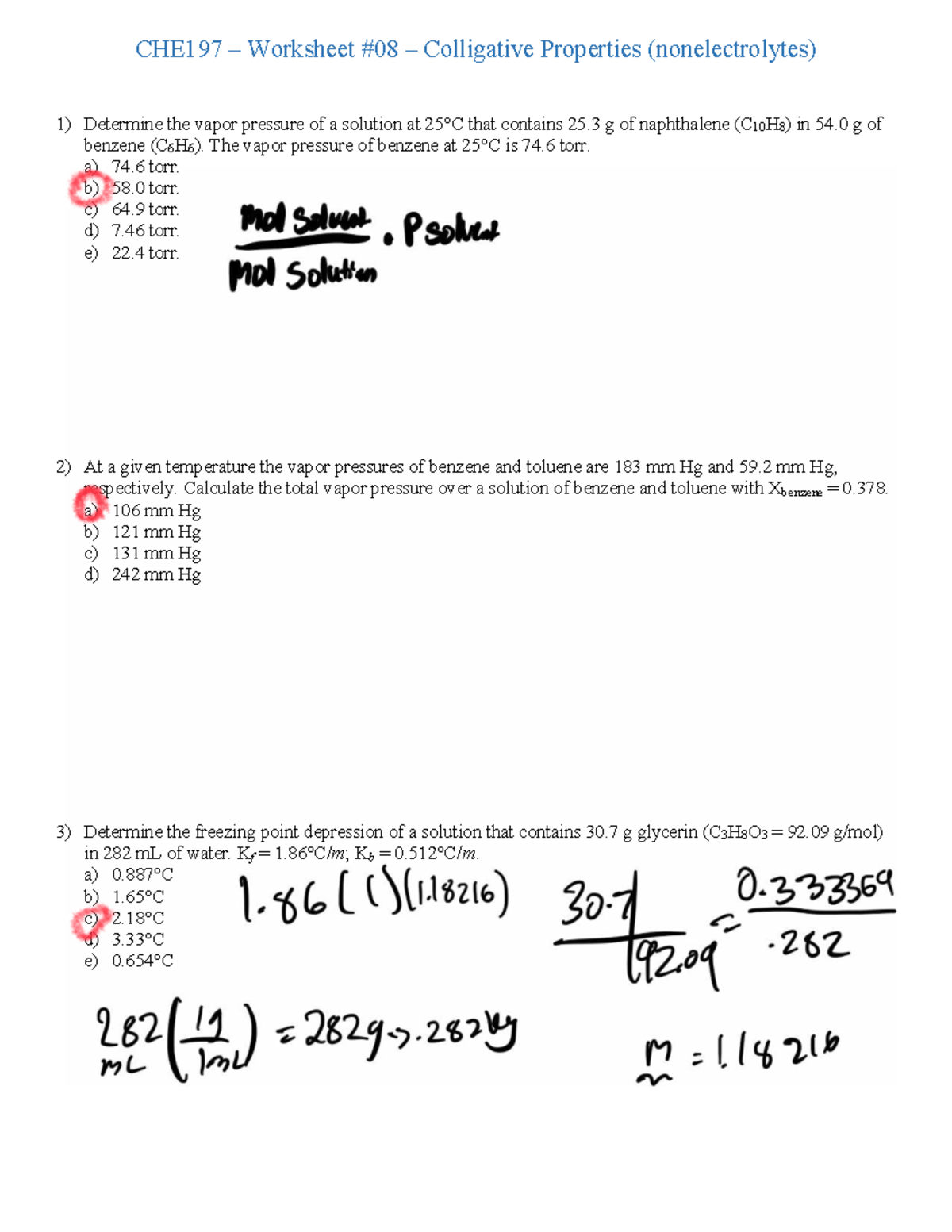 CHE197 Worksheet on Colligative Properties of Solutions - Studocu