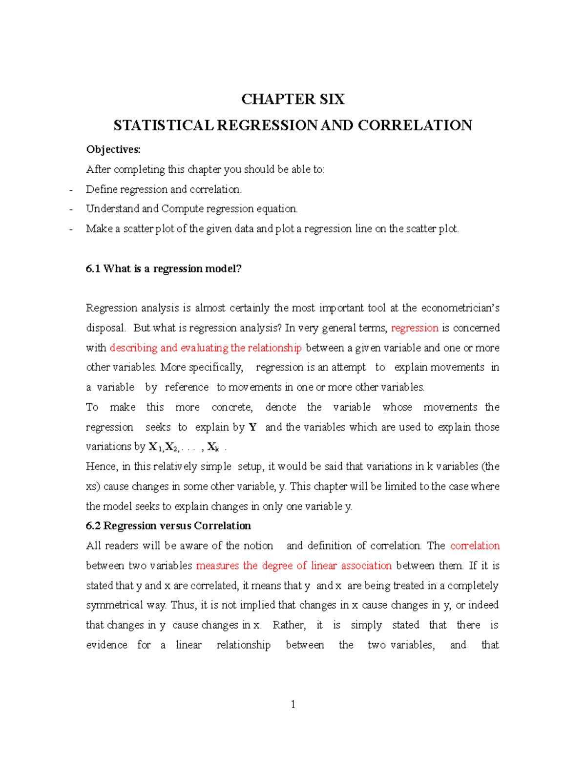 Chapter SIX - Statistics for management - CHAPTER SIX STATISTICAL REGRESSION AND CORRELATION ...
