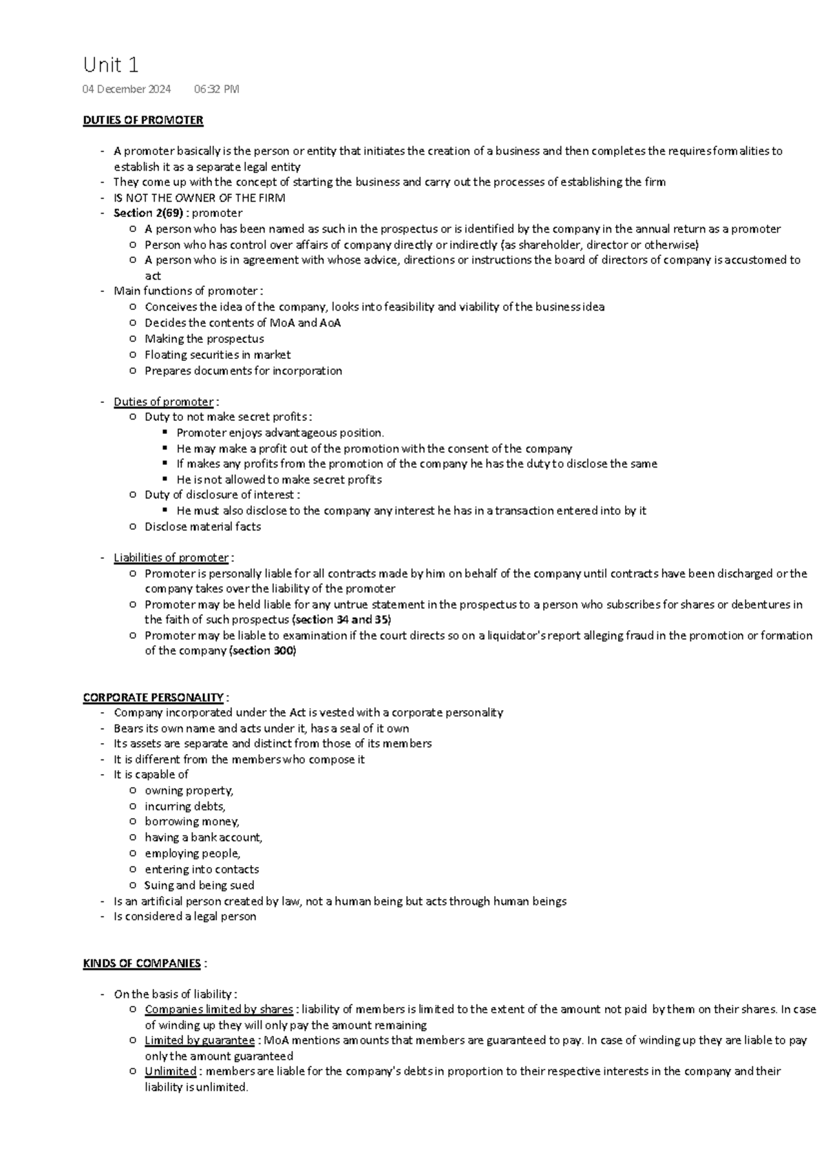 Unit 1 - Company law - DUTIES OF PROMOTER A promoter basically is the ...
