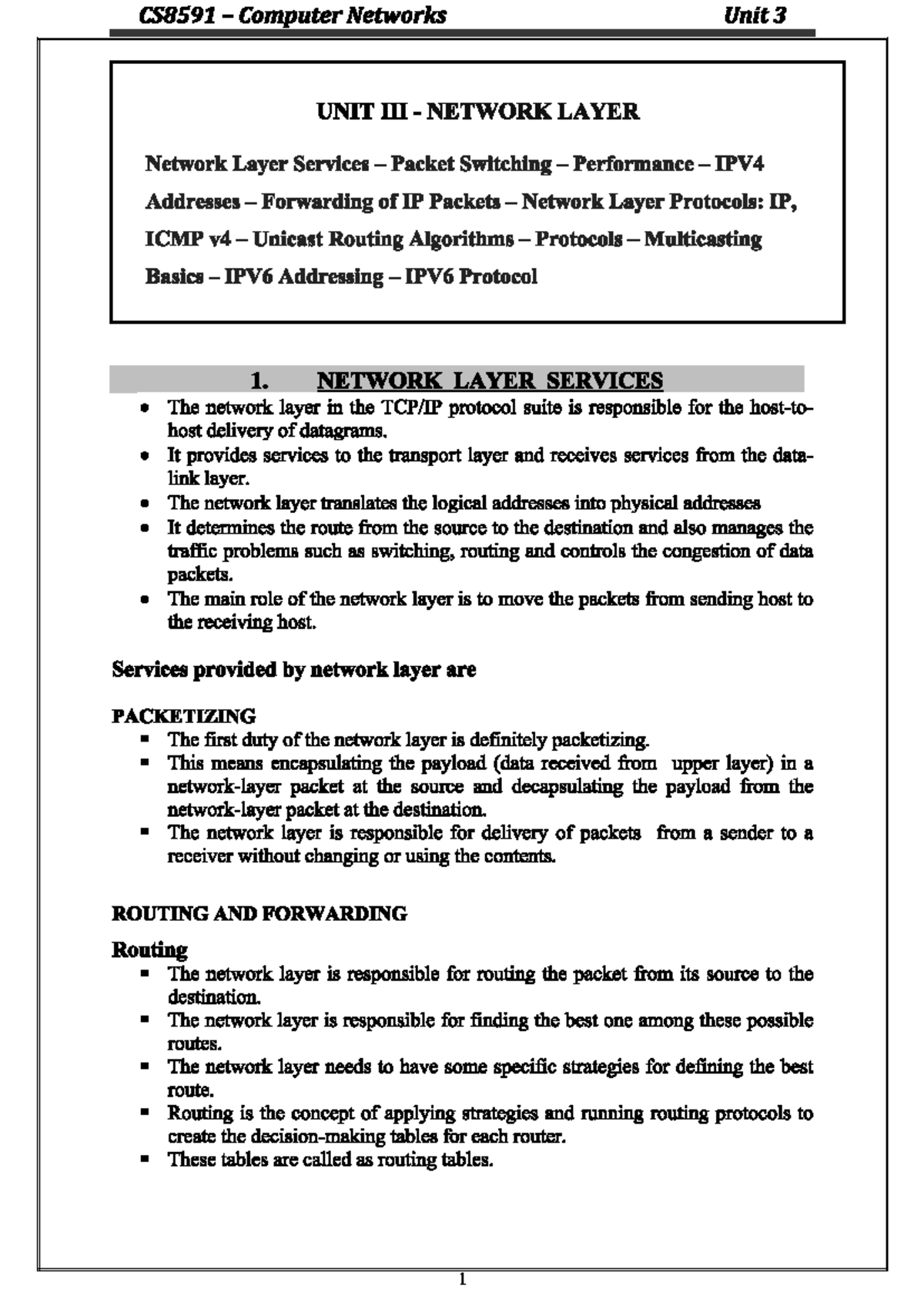 CS8591 Computer Networks Unit 3: Network Layer Services & Protocols - Studocu
