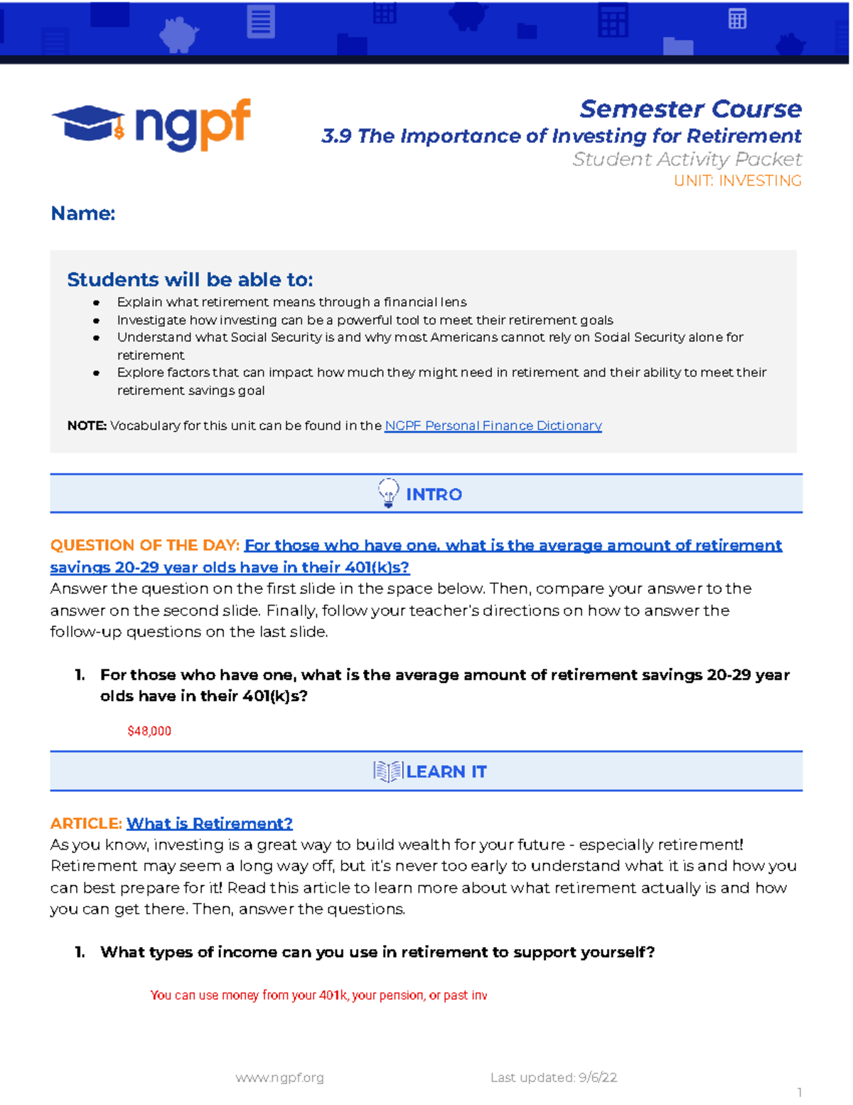 SC-8.7 Student Activity Packet: Understanding Retirement Investing ...