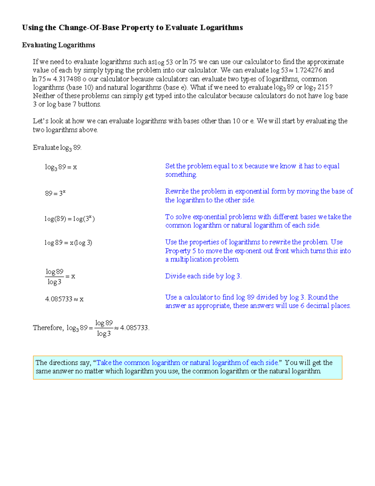 Evaluating Logarithms: Change of Base Introduction (MATH 101) - Studocu