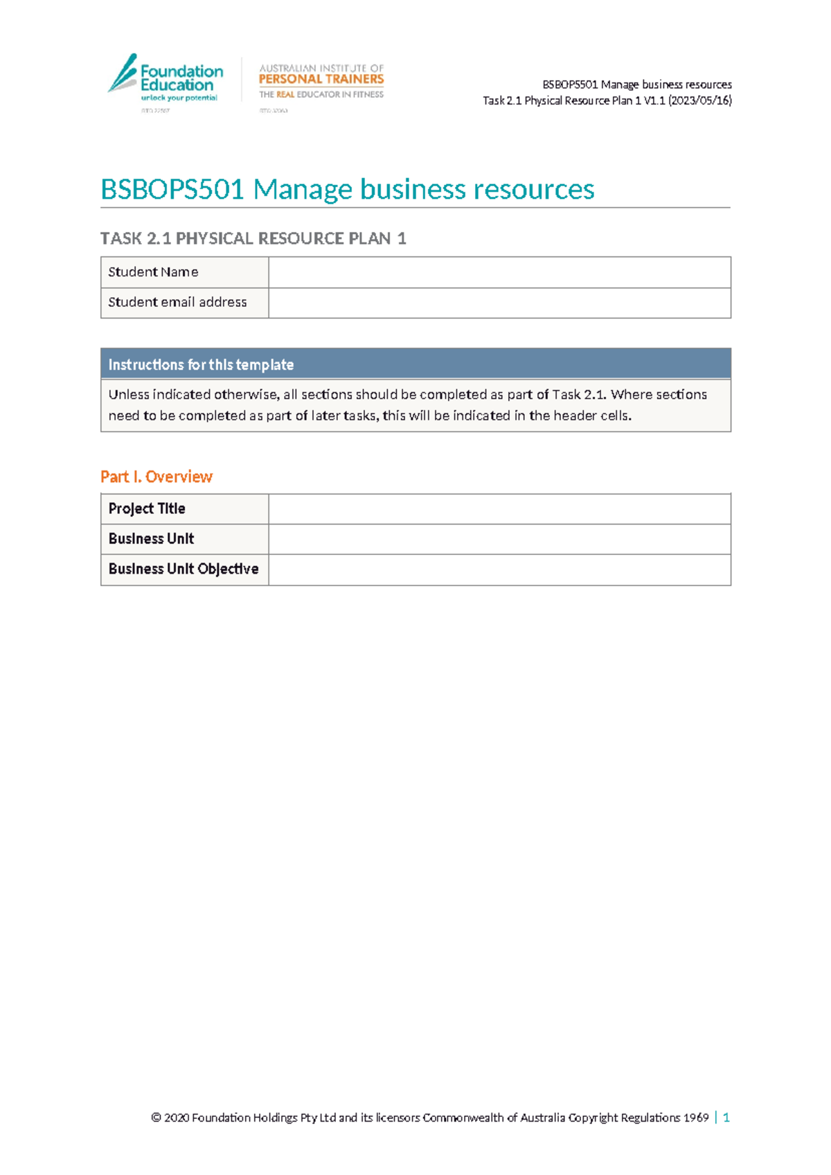BSBOPS501 Task 2.1 Physical Resource Plan 1 - Detailed Overview - Studocu