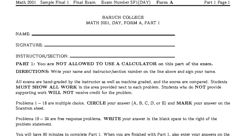 MTH 2001 Sample Final Exam 1 Review - Form A - Studocu