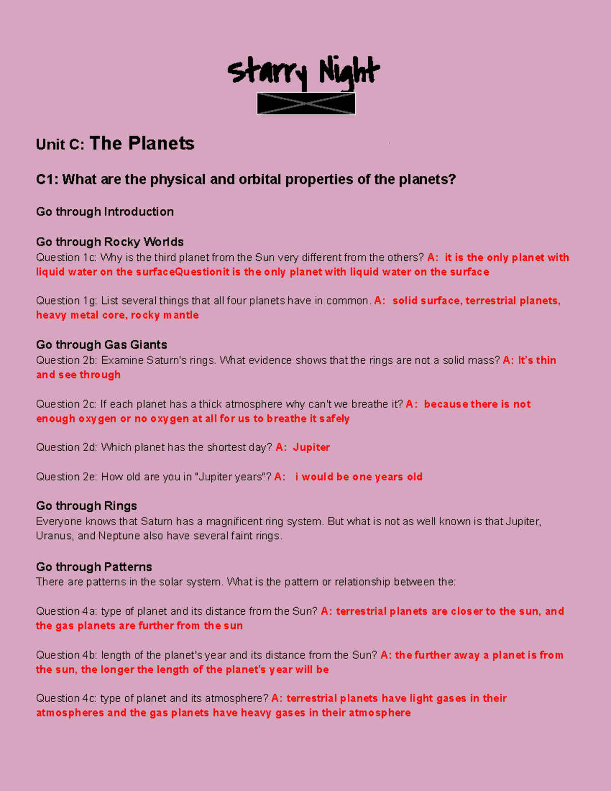 Unit C: The Planets - Key Concepts and Properties Analysis - Studocu