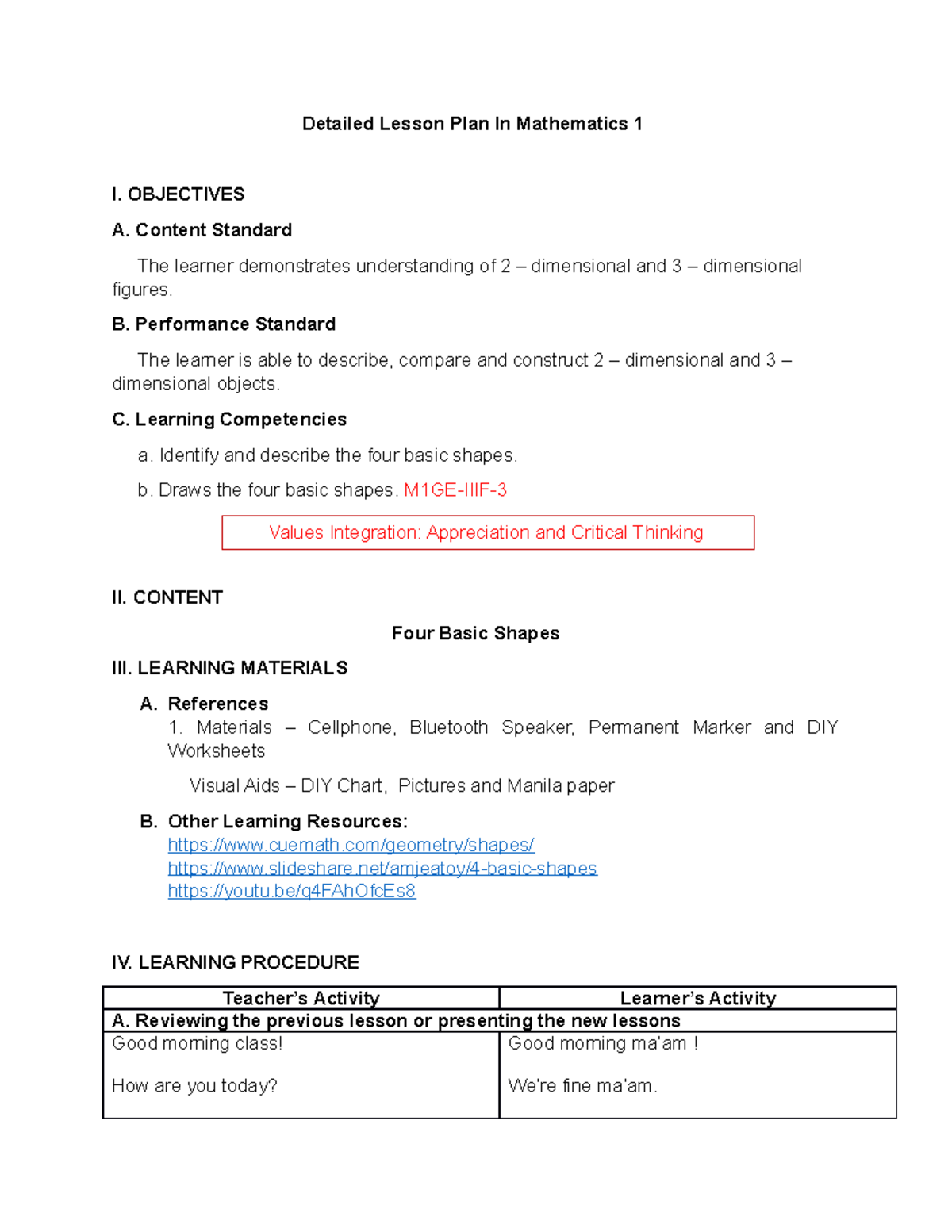 Mathematics 1: Detailed Lesson Plan on Basic Shapes M1GE-IIIF - Studocu