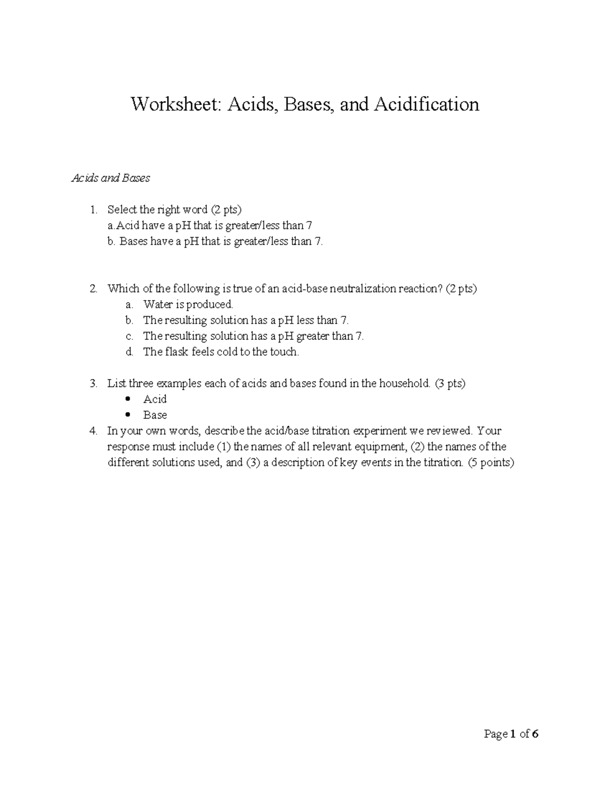 Worksheet: Acids, Bases, and Acidification (Chem 101) - Studocu