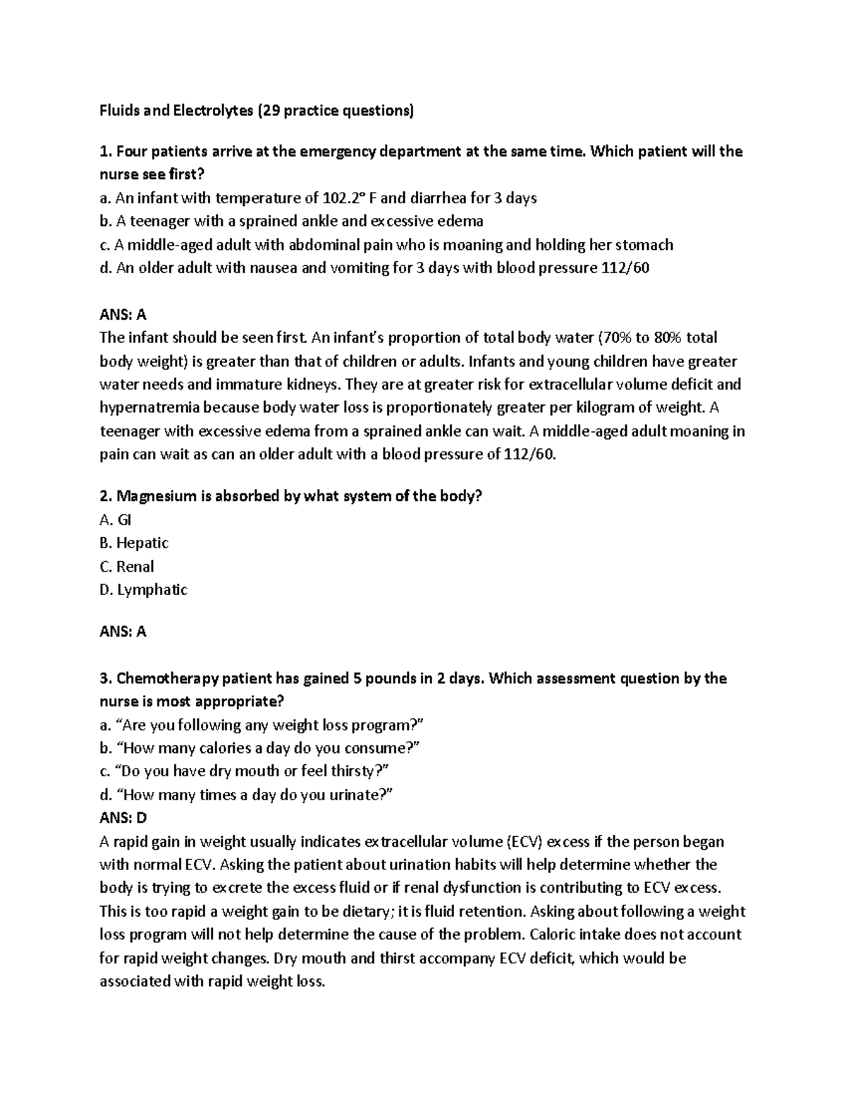 Fluids and Electrolytes Exam Practice Quiz (29 Questions) - Studocu