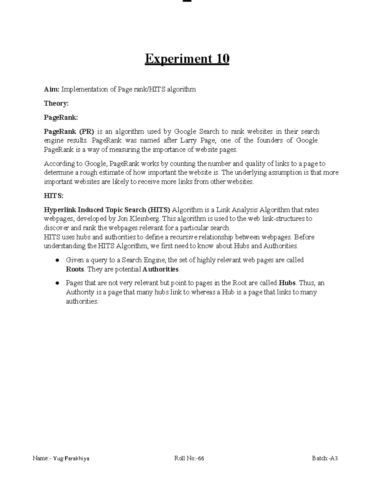 Experiment 10: Implementation of PageRank & HITS Algorithms - Studocu