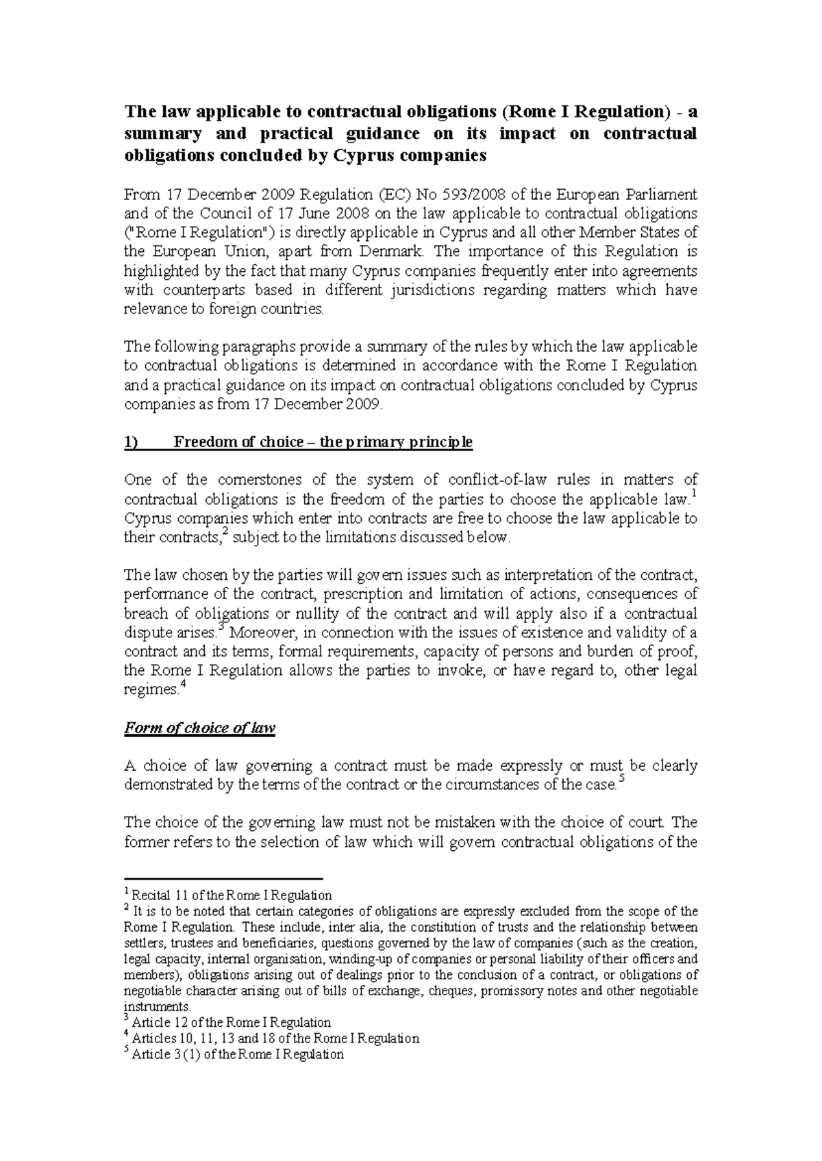 Summary of the Rome I Regulation on Contractual Obligations in Cyprus ...