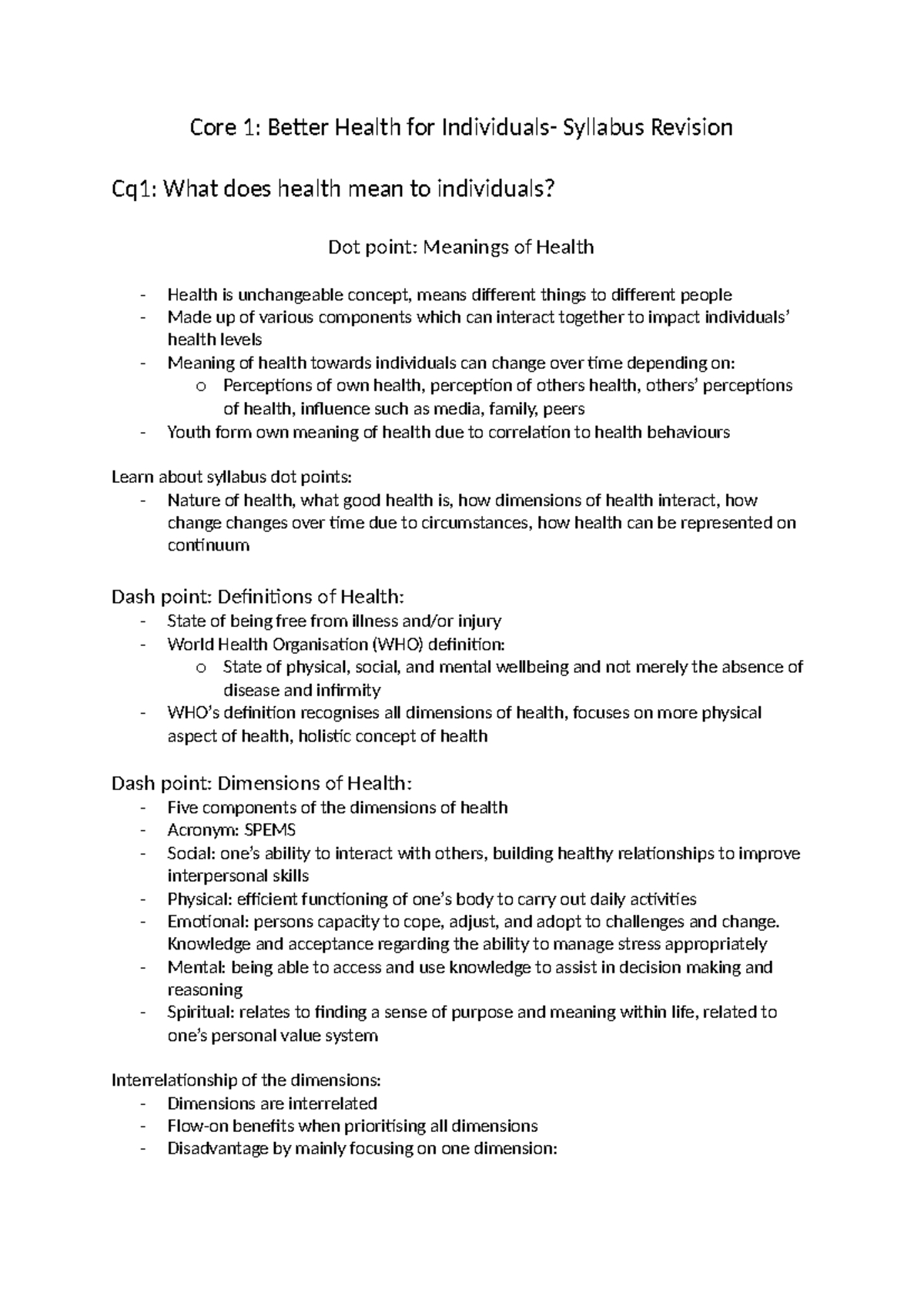 Core 1: Better Health for Individuals - Syllabus Review Notes - Studocu