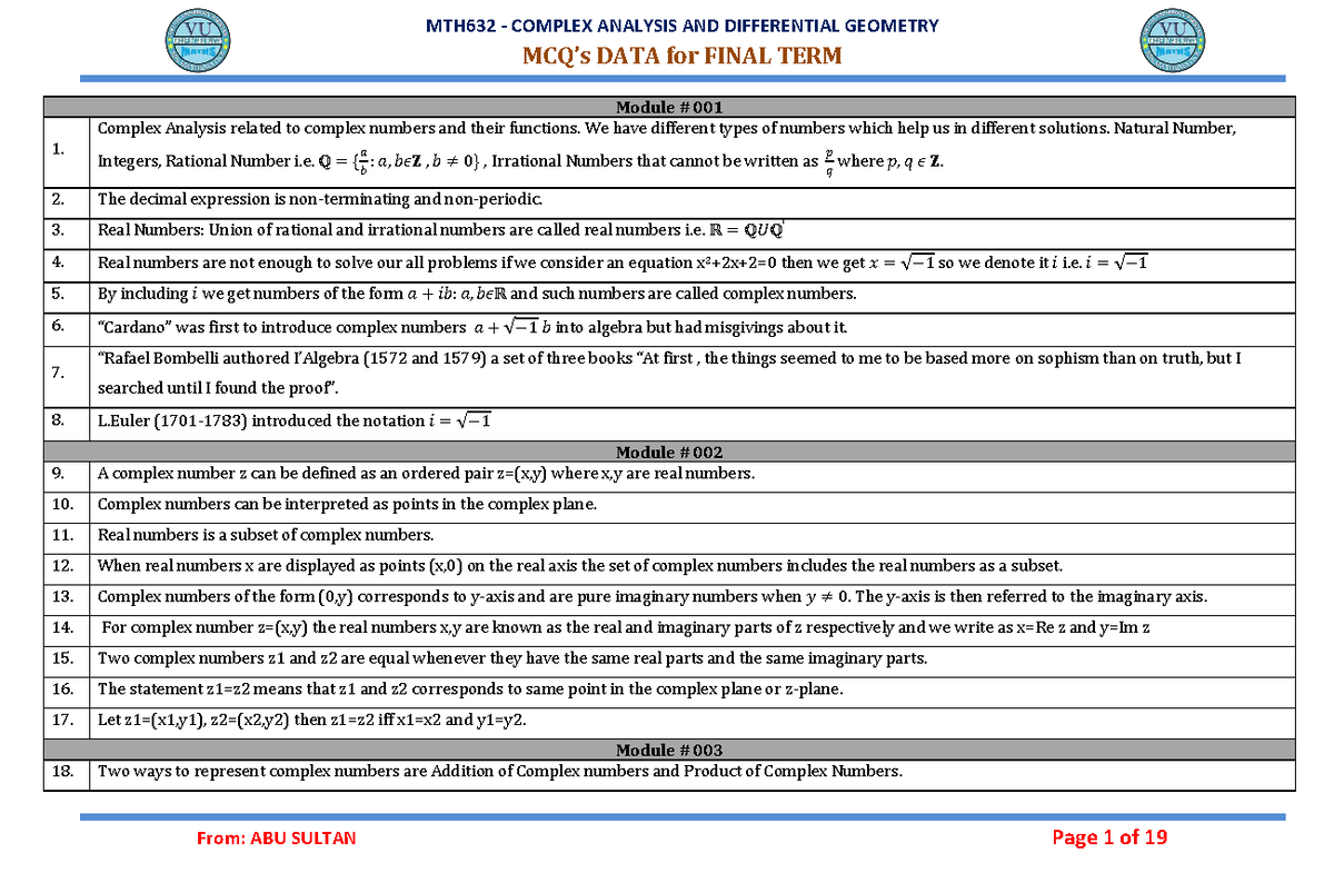 MTH632 COMPLEX ANALYSIS & DIFF. GEOMETRY FINAL TERM DATA - Studocu