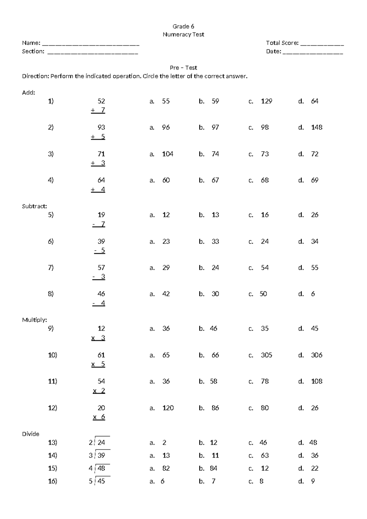 Grade 6 Numeracy Pre-Test: Comprehensive Operations Evaluation - Studocu