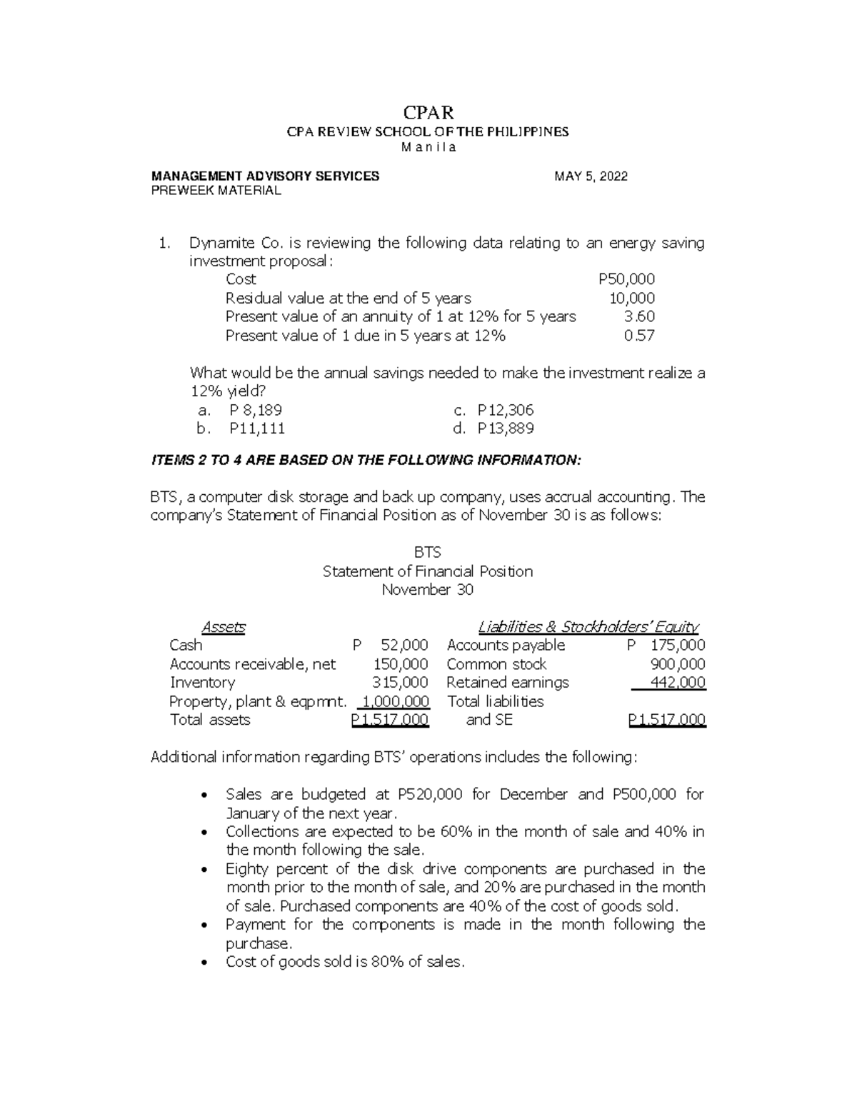 MAS Preweek Review Handouts: CPA Principles and Practice - Studocu
