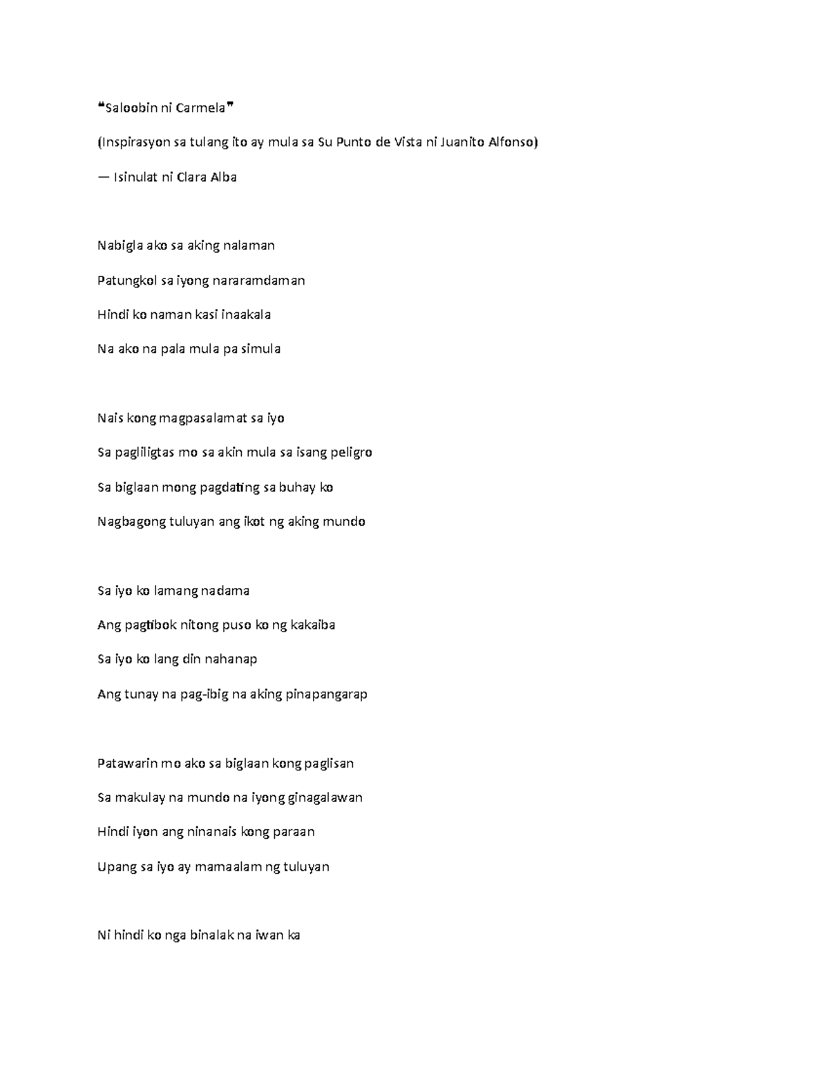 Inspirasyon sa Tulang "Su Punto de Vista" ni Juanito Alfonso - Studocu