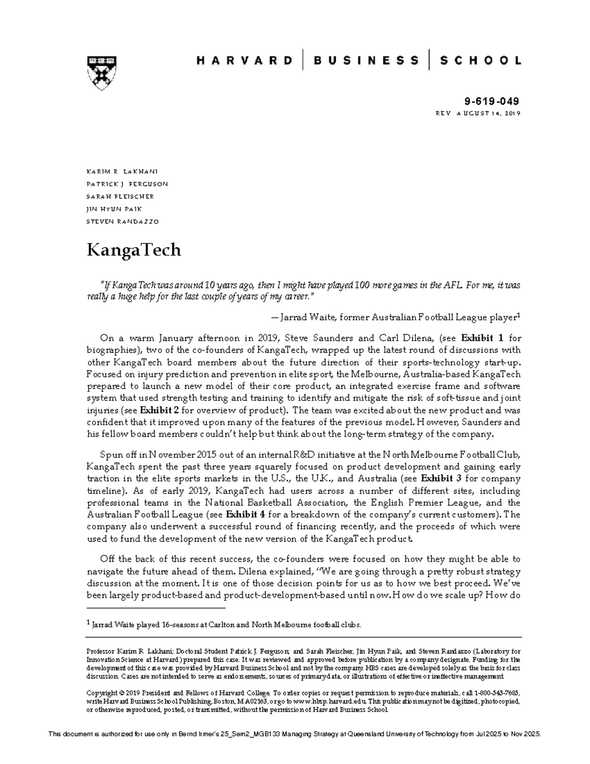 KangaTech Case Study: Managing Strategy in Elite Sports (MGB133) - Studocu
