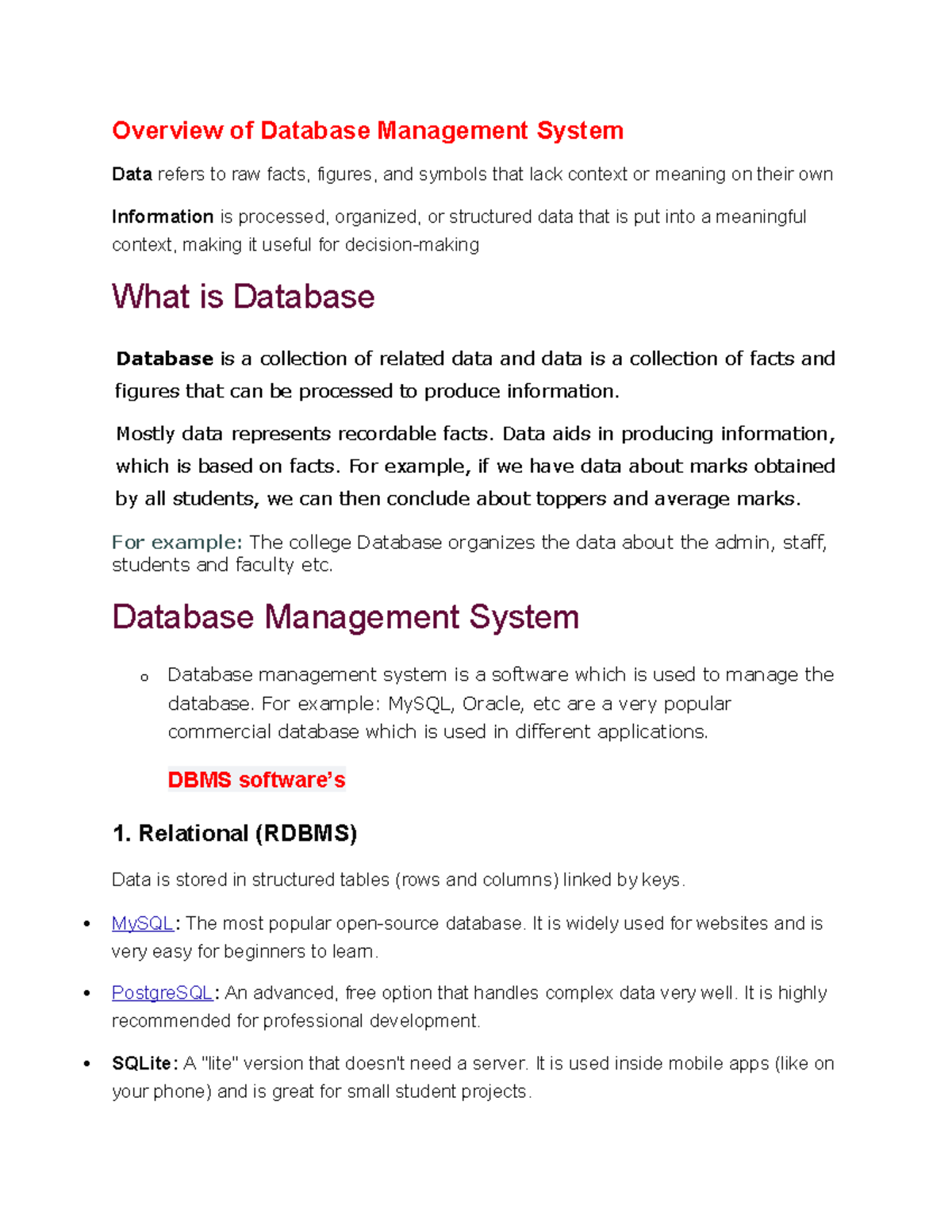 BSC 101: SQL & Database Management System Overview - Unit 1 Notes - Studocu
