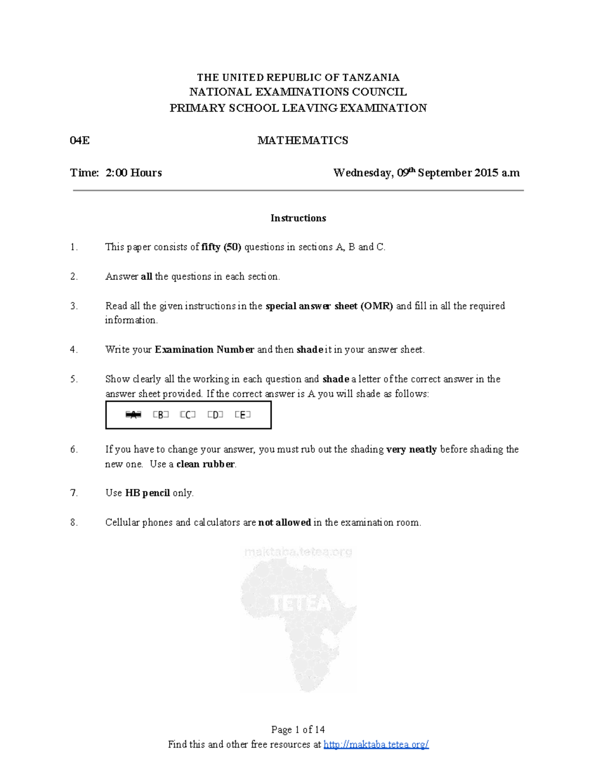 Mathematics PSLE 04E Exam Paper - September 2015 - Studocu