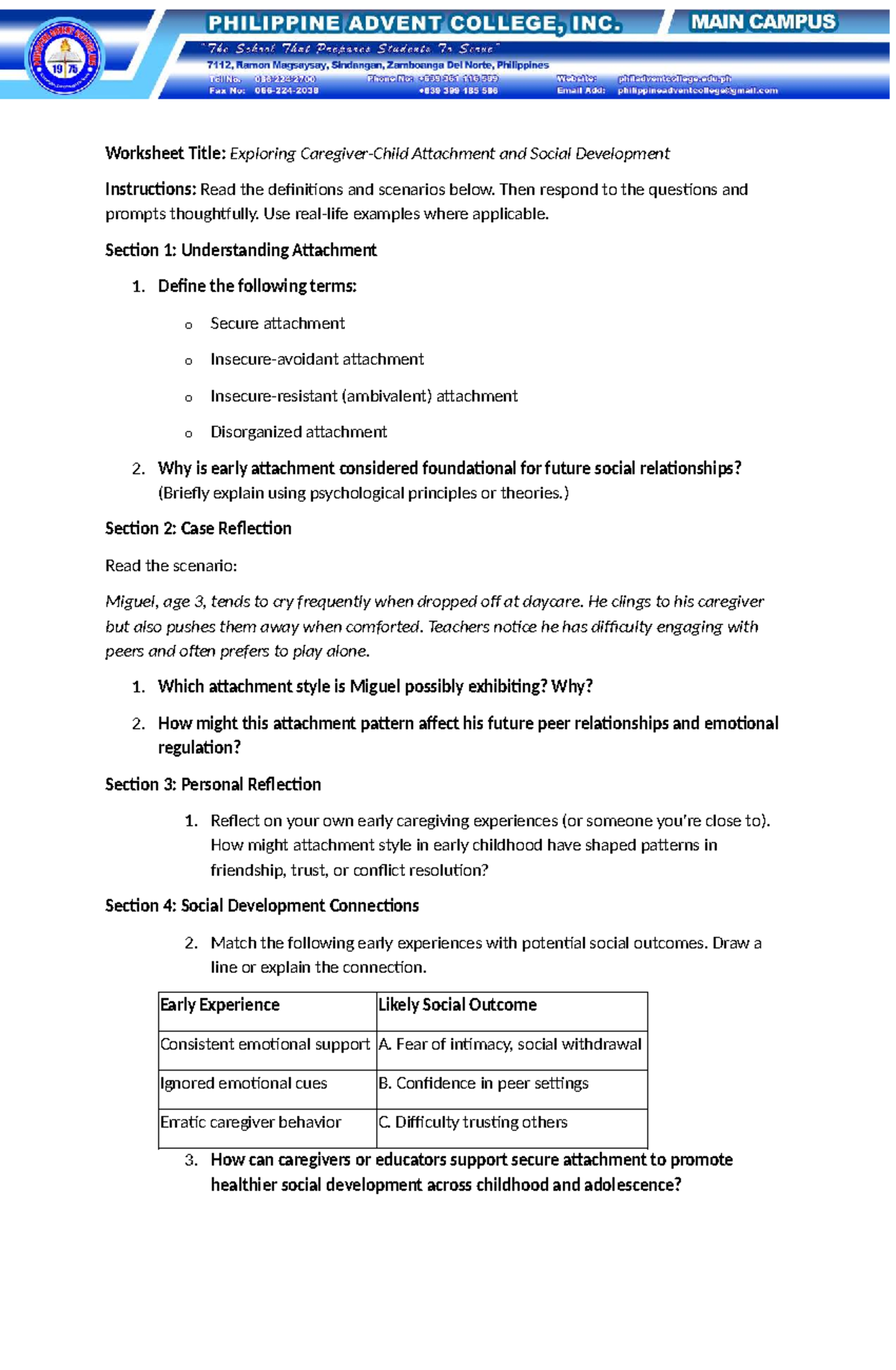 Worksheet: Exploring Attachment & Social Development (Psych 101) - Studocu