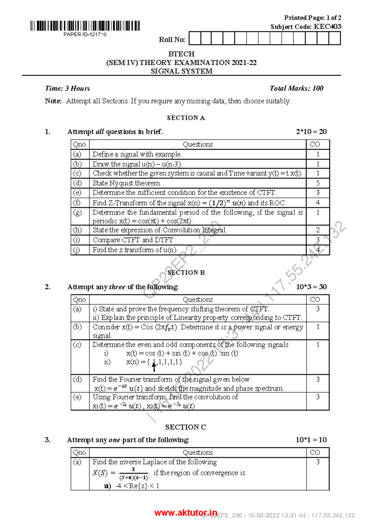 Signal System KEC403 BTech SEM IV Theory Exam QP 2021-22 - Studocu