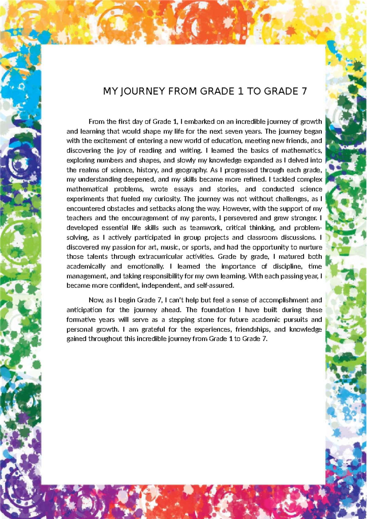My Journey from Grade 1 to Grade 7: A Growth Reflection - Studocu