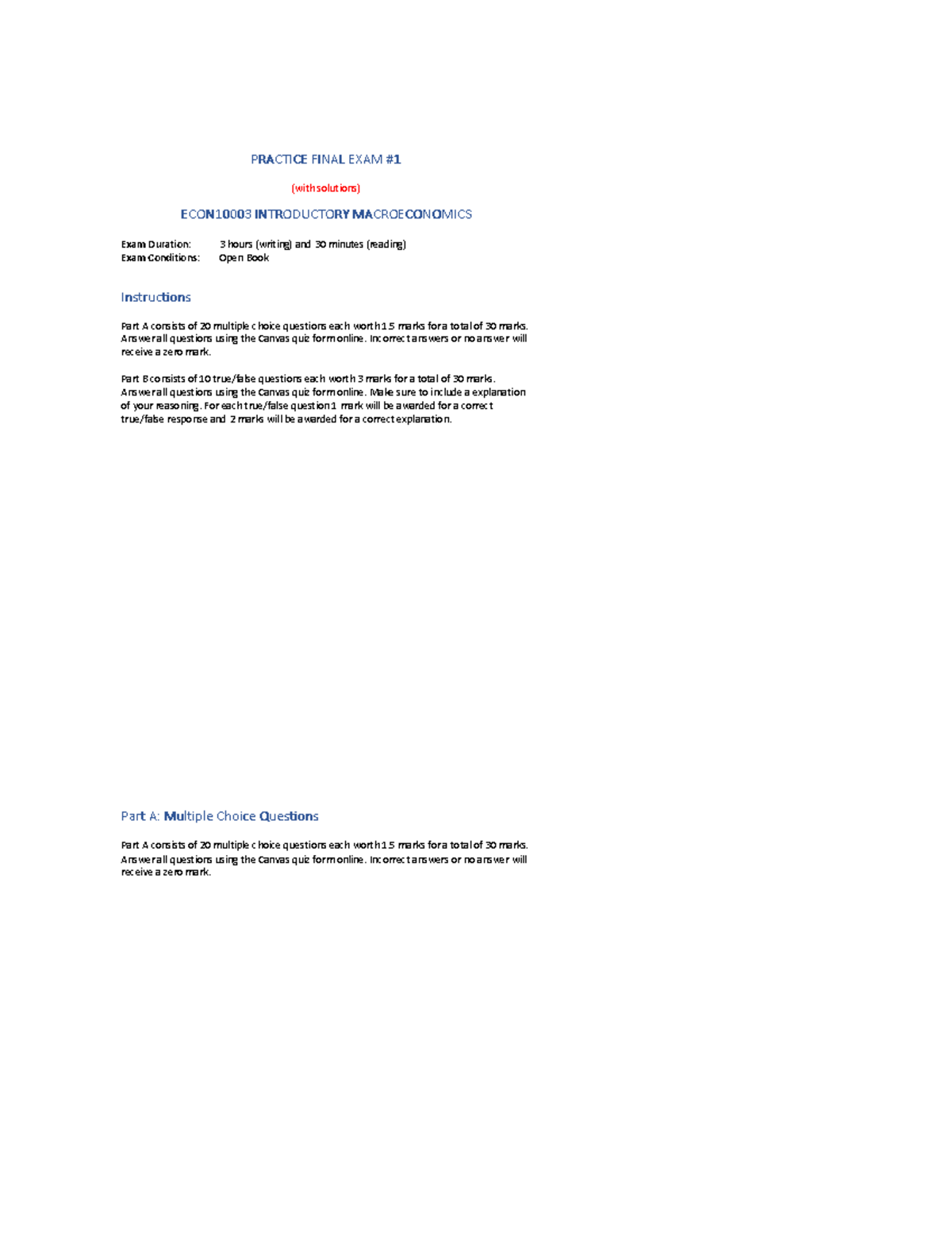 Econ10003 Final Exam 1 Solutions and Analysis of Answers - Studocu