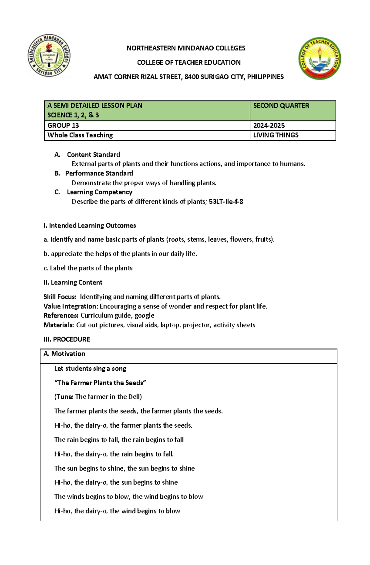 G13 - Semi Detailed Lesson Plan on Living Things: Parts of Plants - Studocu