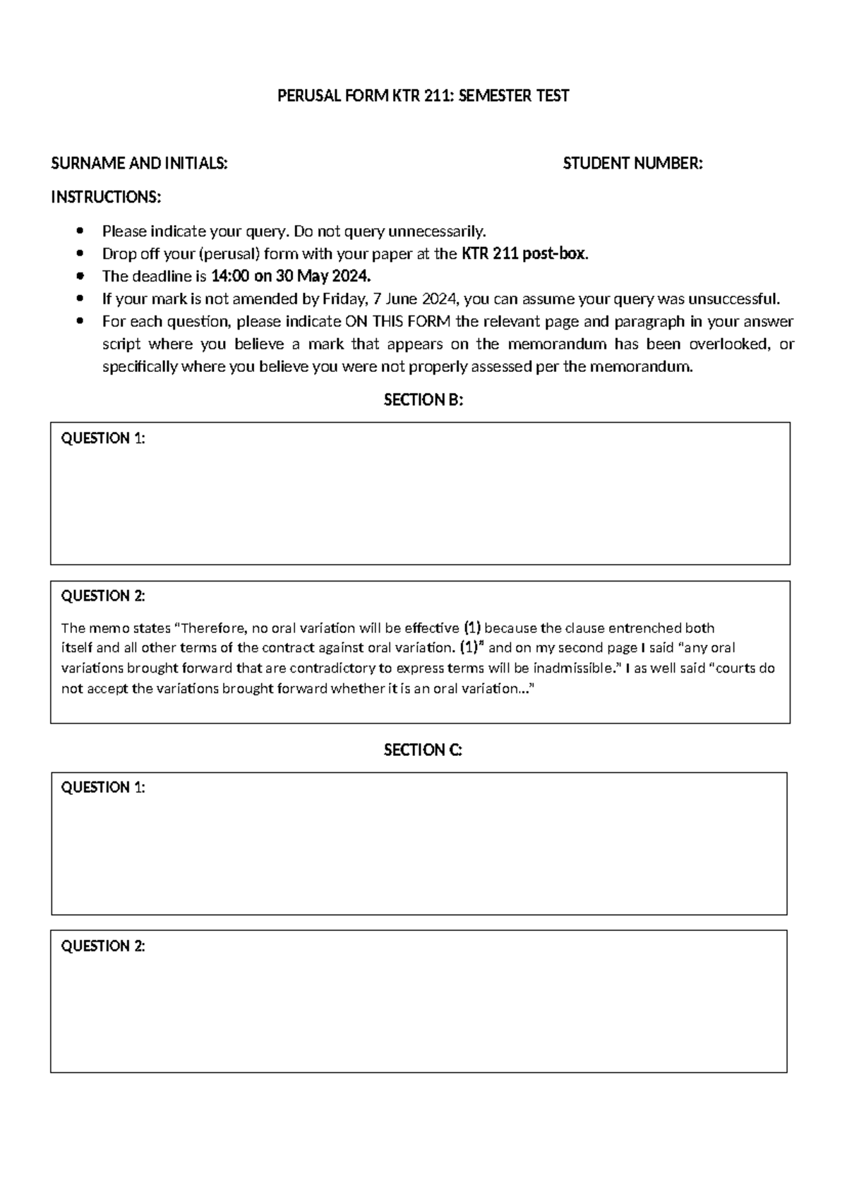 KTR 211 Perusal Form for Semester Test Queries - Studocu