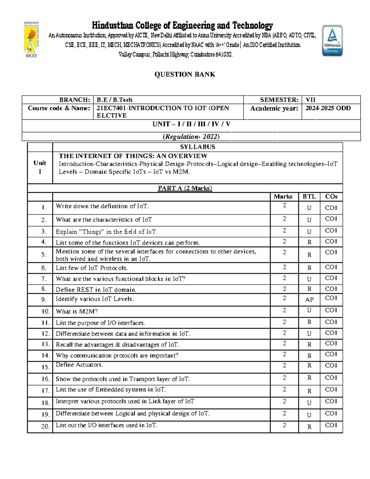 21EC7401-IOT Question Bank: Comprehensive Guide for Semester VII - Studocu