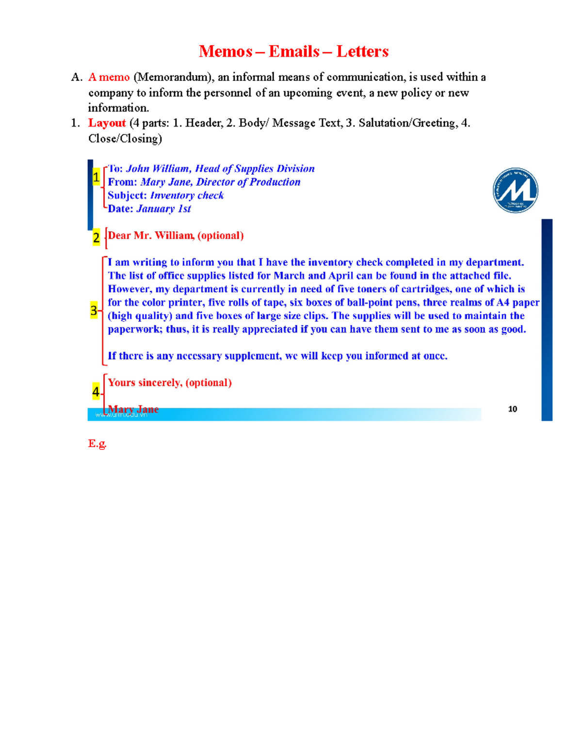 Memos-Emails-Letters-An overview - Memos – Emails – Letters A. A memo ...