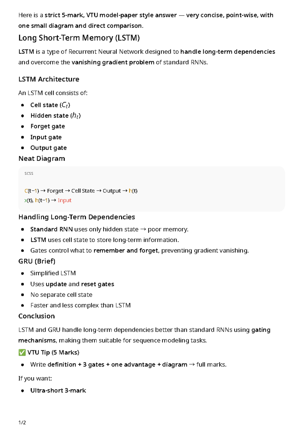 LSTM vs GRU: A Concise VTU Style Answer with Diagram - Studocu