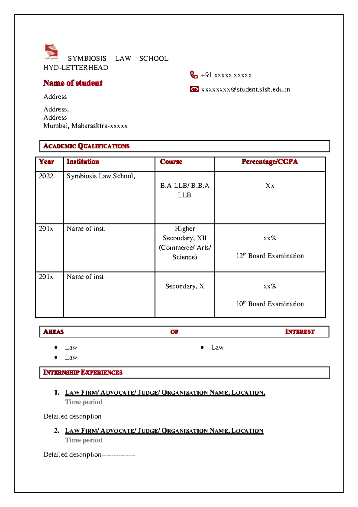 CV Format Guide for Symbiosis Law School Placement Policy - Studocu