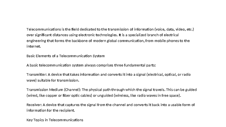 Telecommunication Fundamentals: Key Concepts & Components - Studocu