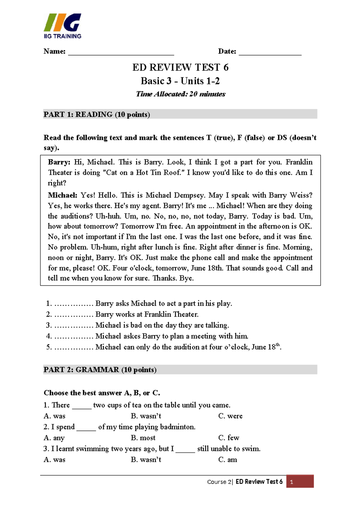 ED Review Test 6: Reading & Grammar Practice - Studocu