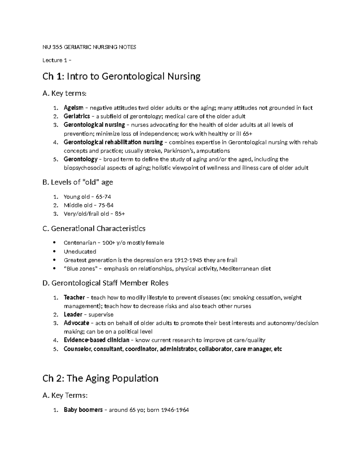 NU 355 Geriatric nursing notes: Introduction to gerontological nursing ...