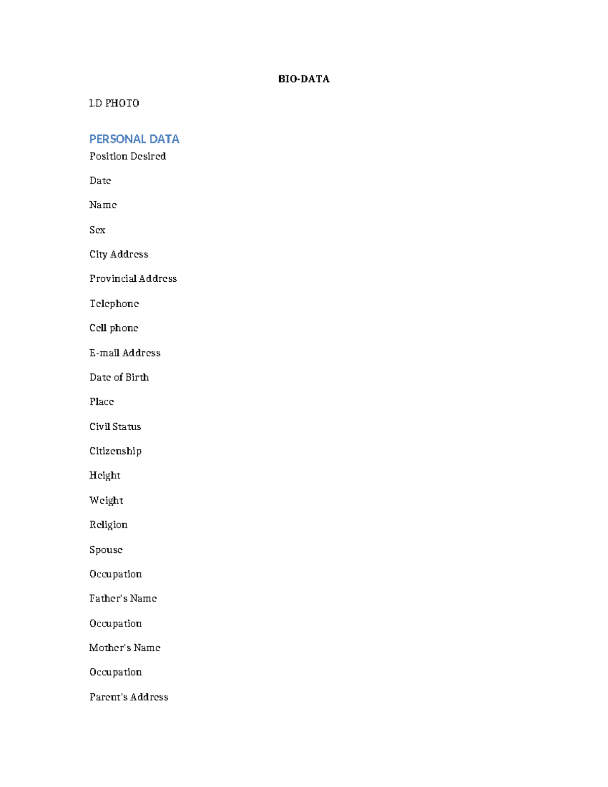 Editable BIO-DATA Form for Job Applications - Studocu
