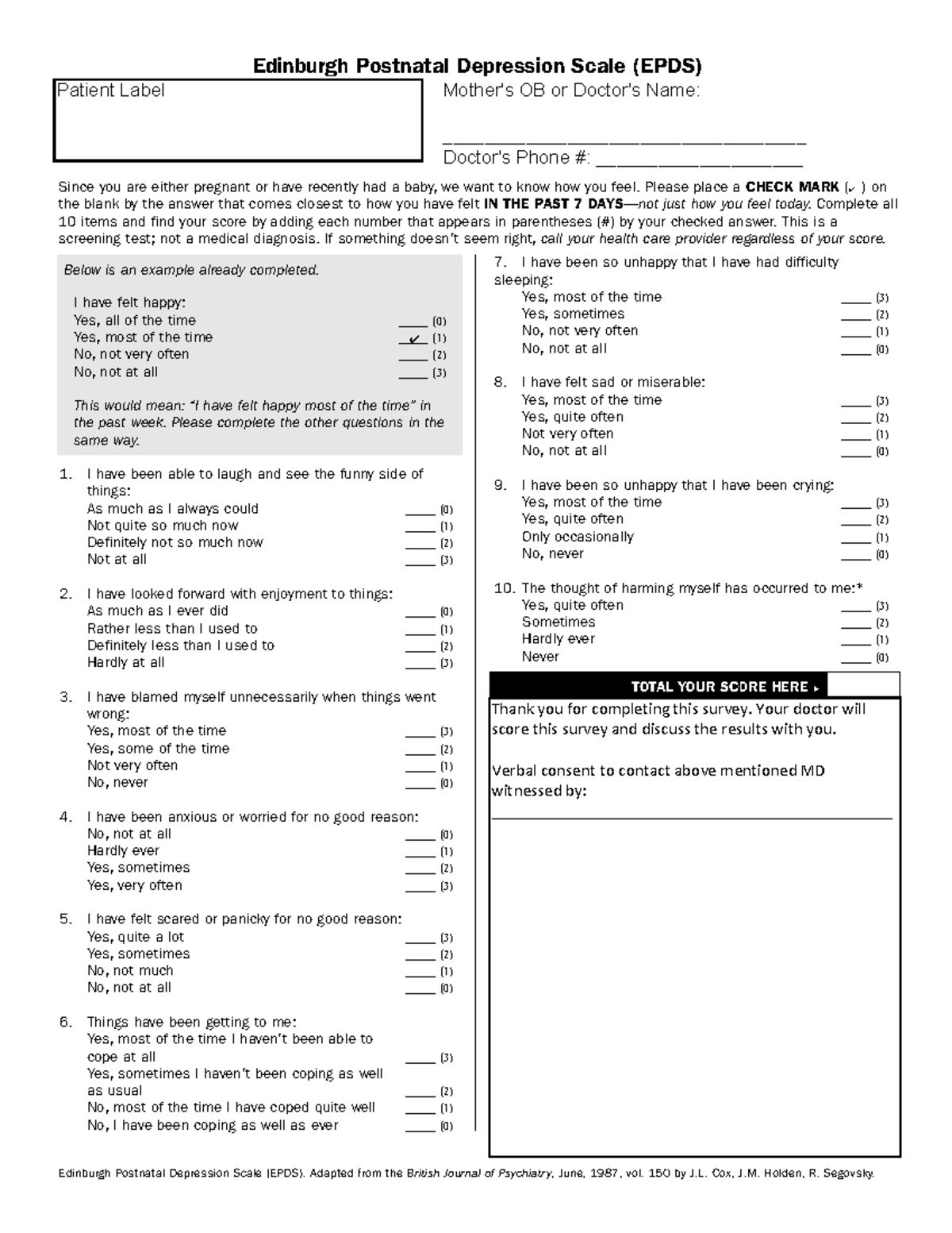 Edinburgh Postnatal Depression Scale (EPDS) Questionnaire Guide - Studocu