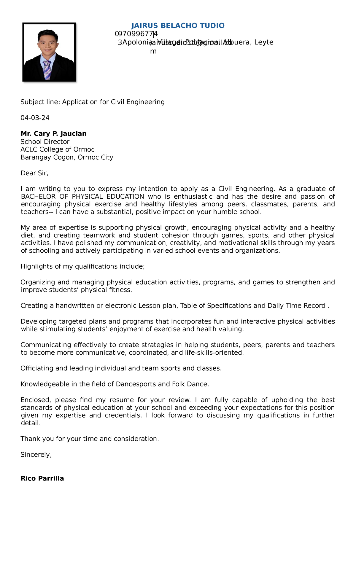 Cover- Letter - sample - Subject line: Application for Civil ...